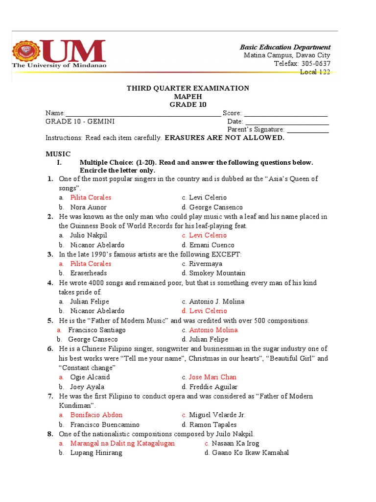 Grade 10 MAPEH - 3rd Exam | PDF | Entertainment | Philippines