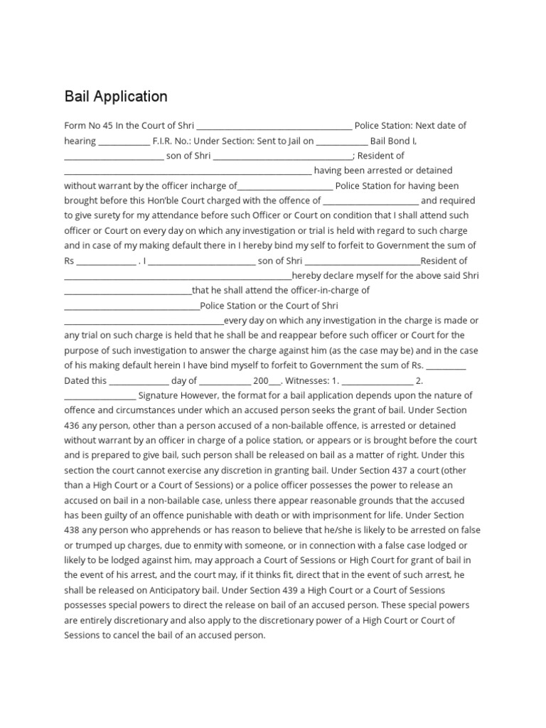 Bail Application Format | PDF | Bail | Arrest