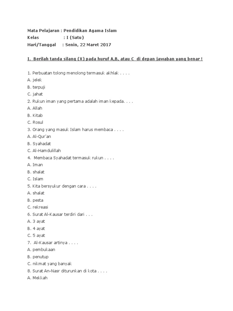 Soal UTS Pendidikan Agama Islam SD Kelas 1 Semester 2 | PDF