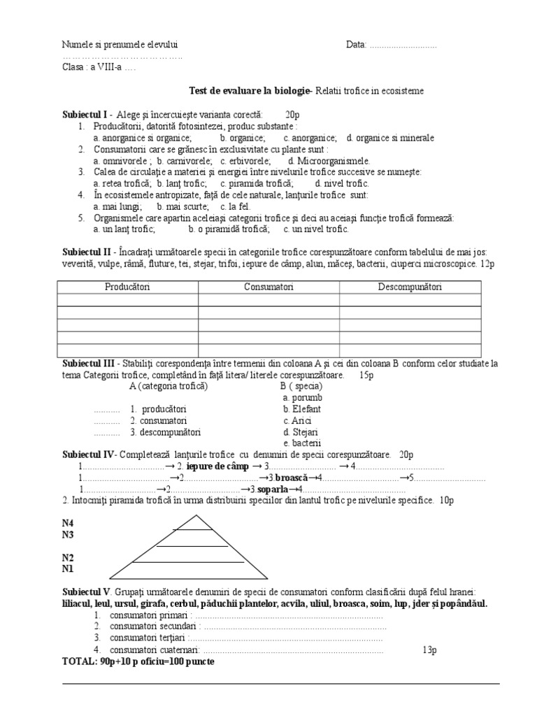 Test Bio8 Relatii Trofice | PDF