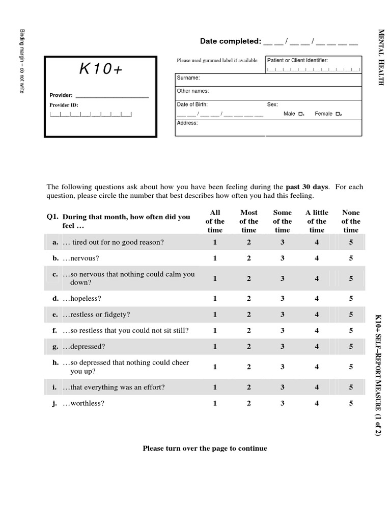 Kessler Psychological Distress Scale (K10) | PDF | Clinical Psychology ...