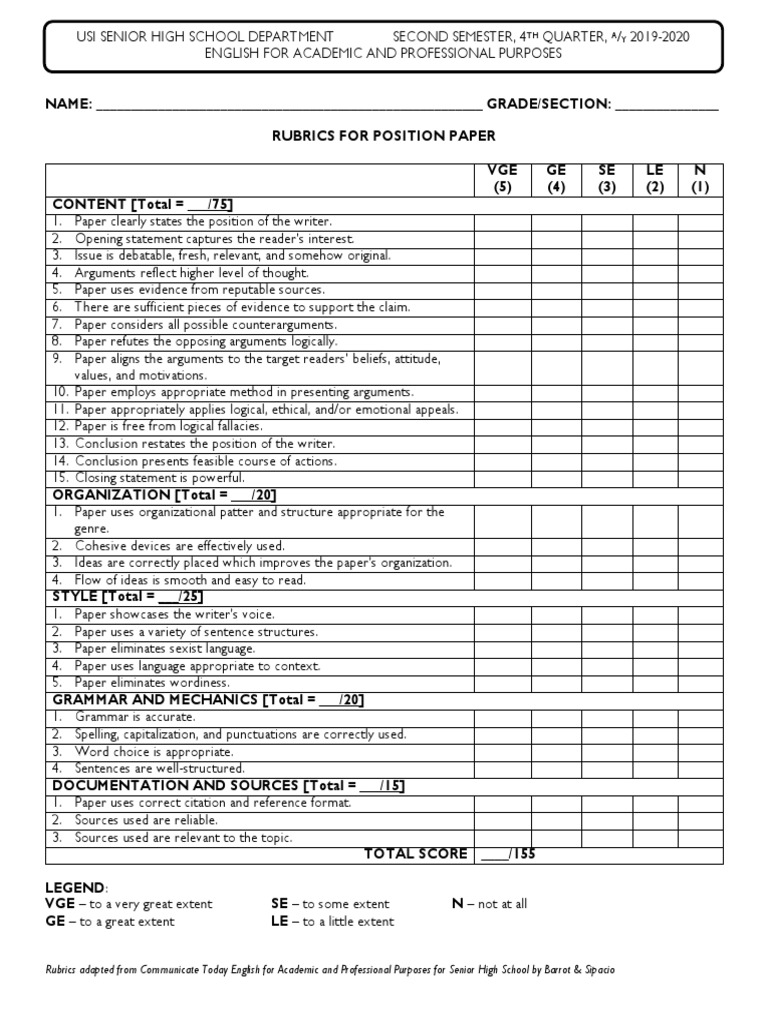 Position Paper Rubrics for Students | PDF | Argument | Writers
