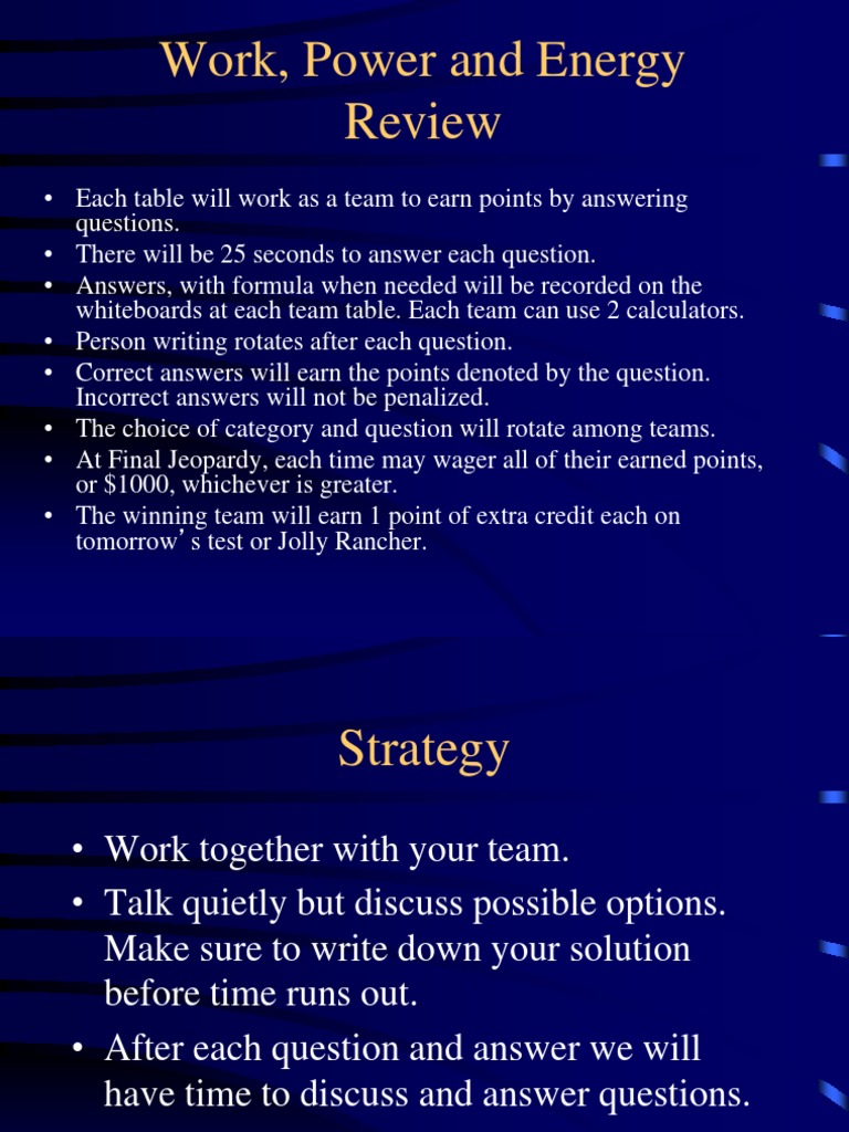 Energy Jeopardy Review Session | PDF | Kinetic Energy | Potential Energy