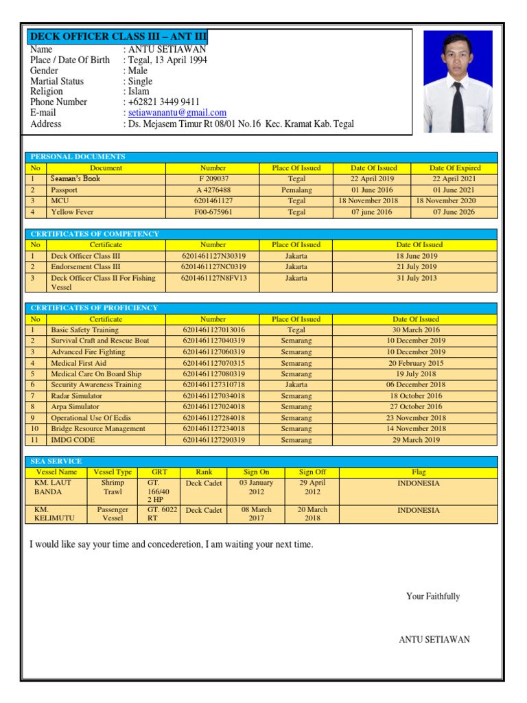 Deck Officer Class III Resume | PDF | Water Transport | Ships