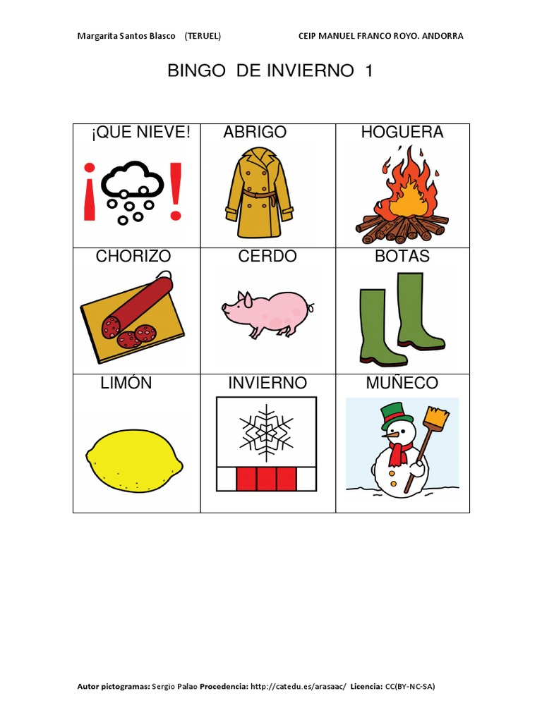 Bingo de Invierno con Pictogramas | PDF | Despensa | Carne