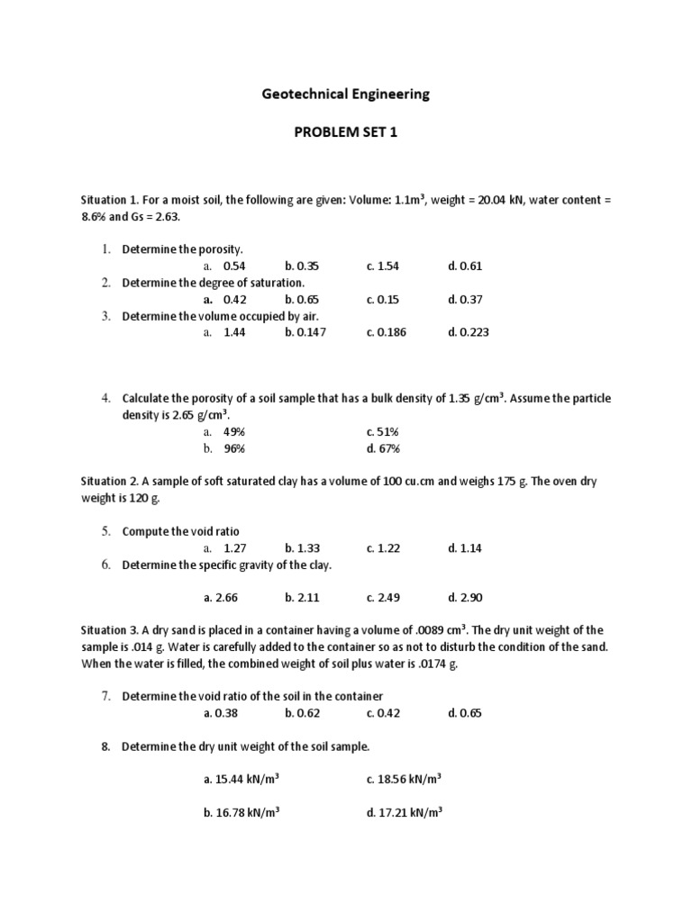 Problem Set In Geotechnical Engineering Pdf Density Soil