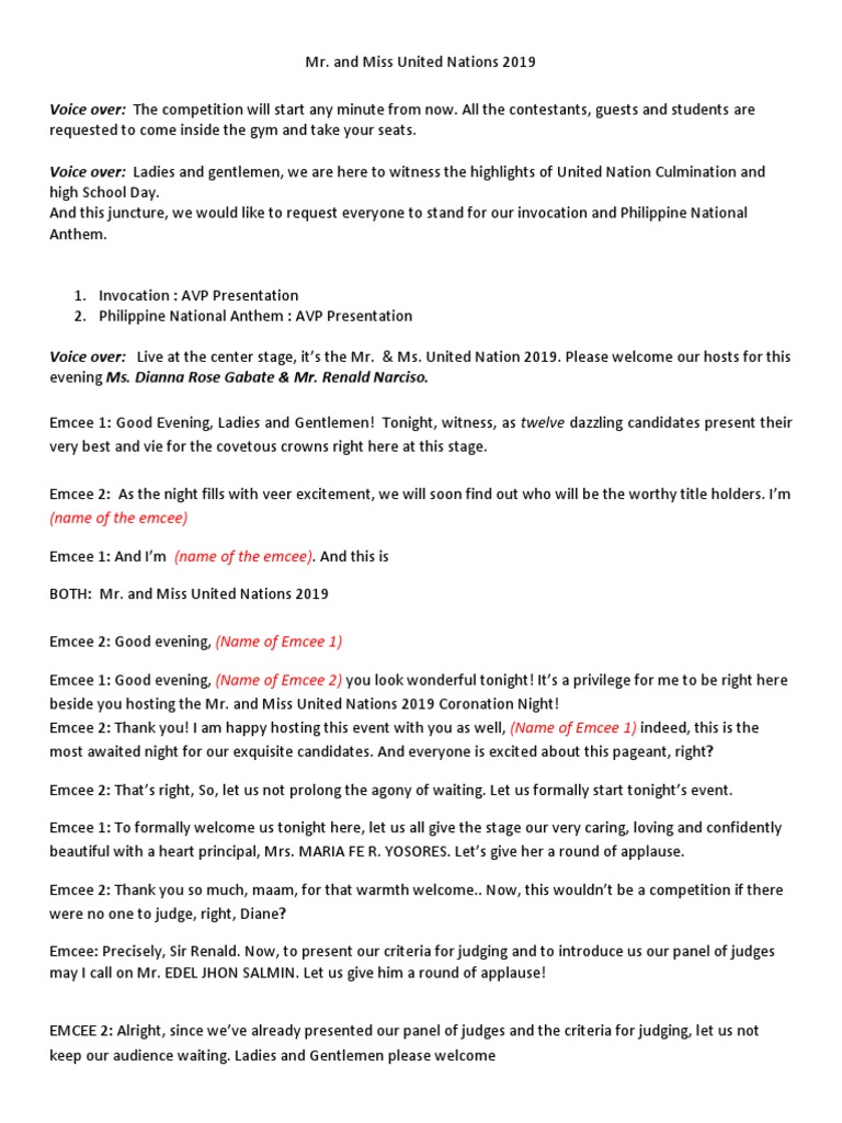 EMCEE Script For Pageant | Download Free PDF | Lyrics