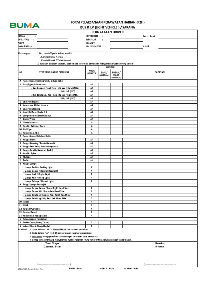 Formulir P2H Alat Berat Harian | PDF
