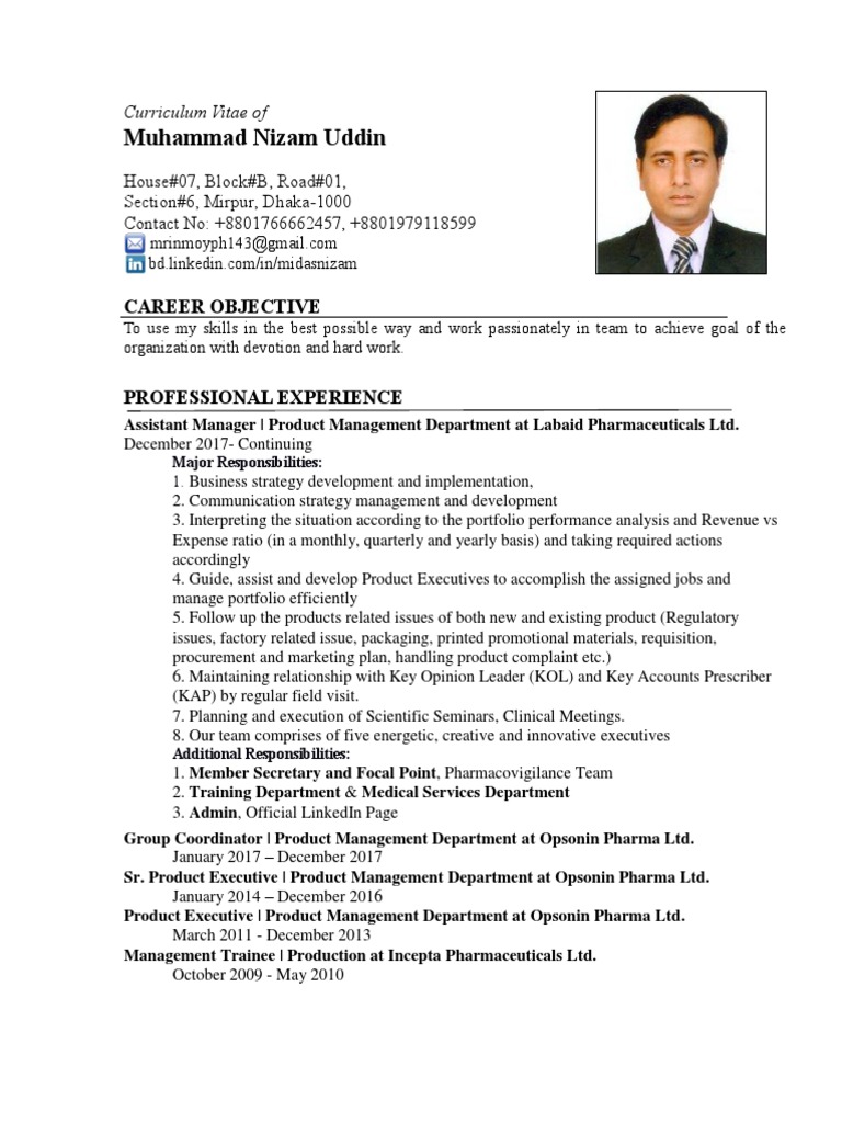 Curriculum Vitae of Muhammad Nizam Uddin | PDF | Business | Pharmaceutical