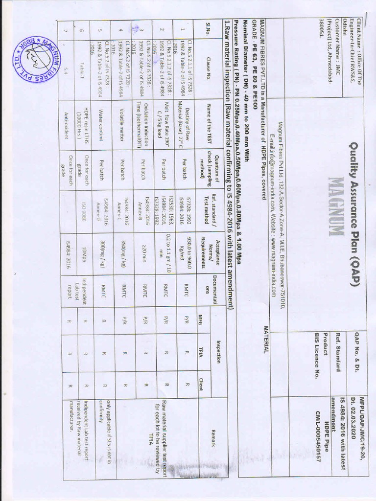 Quality Assurance Plan of HDPE Pipe | PDF
