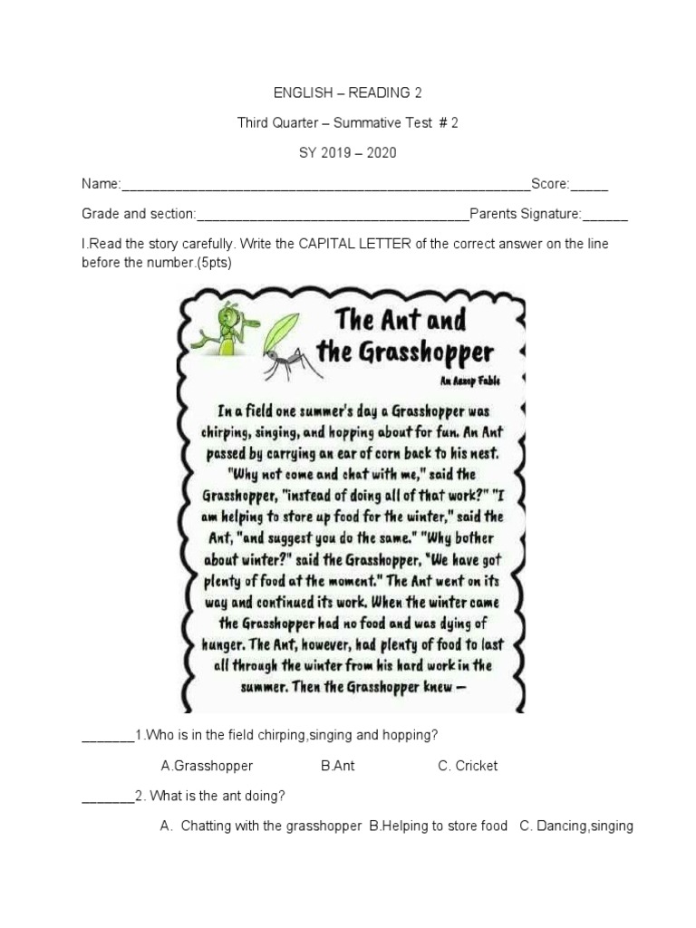 Grade 2 English Reading Assessment | PDF | Language Arts & Discipline