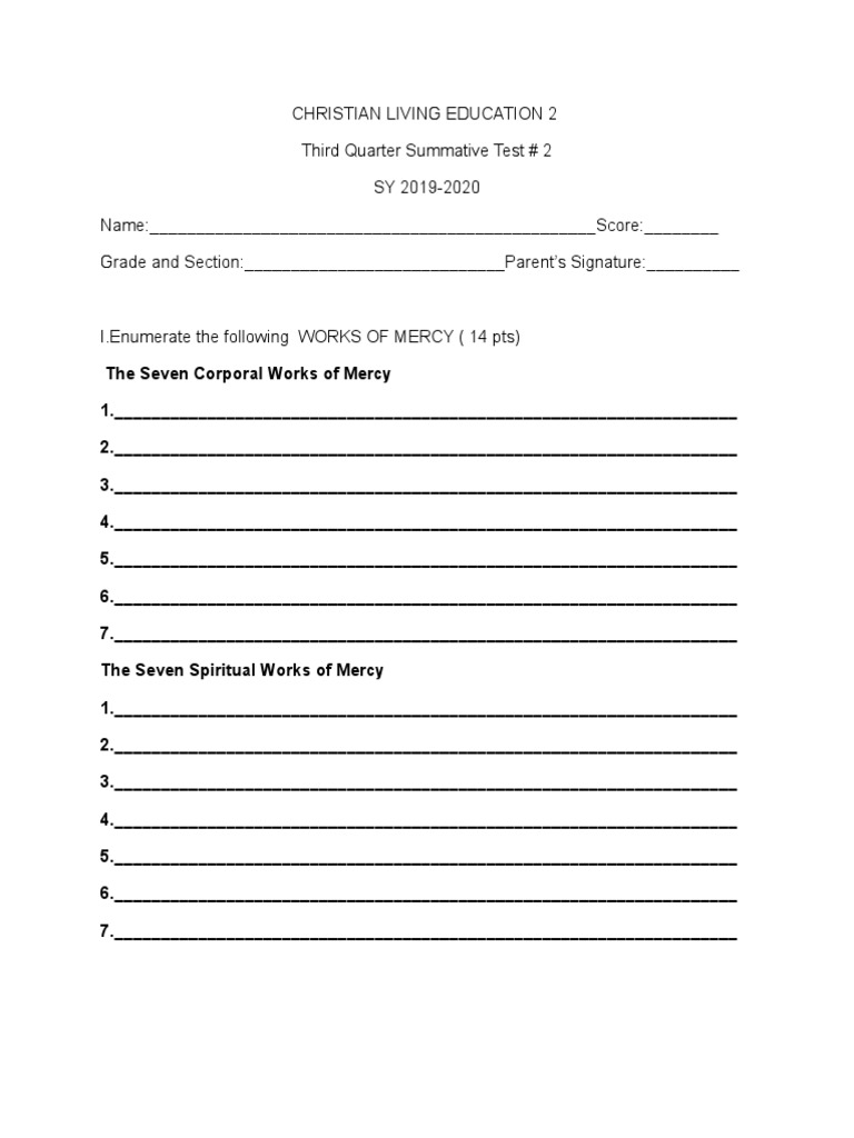 CHRISTIAN LIVING EDUCATION 2 - Summative Test 2 - 3rd Quarter | PDF ...