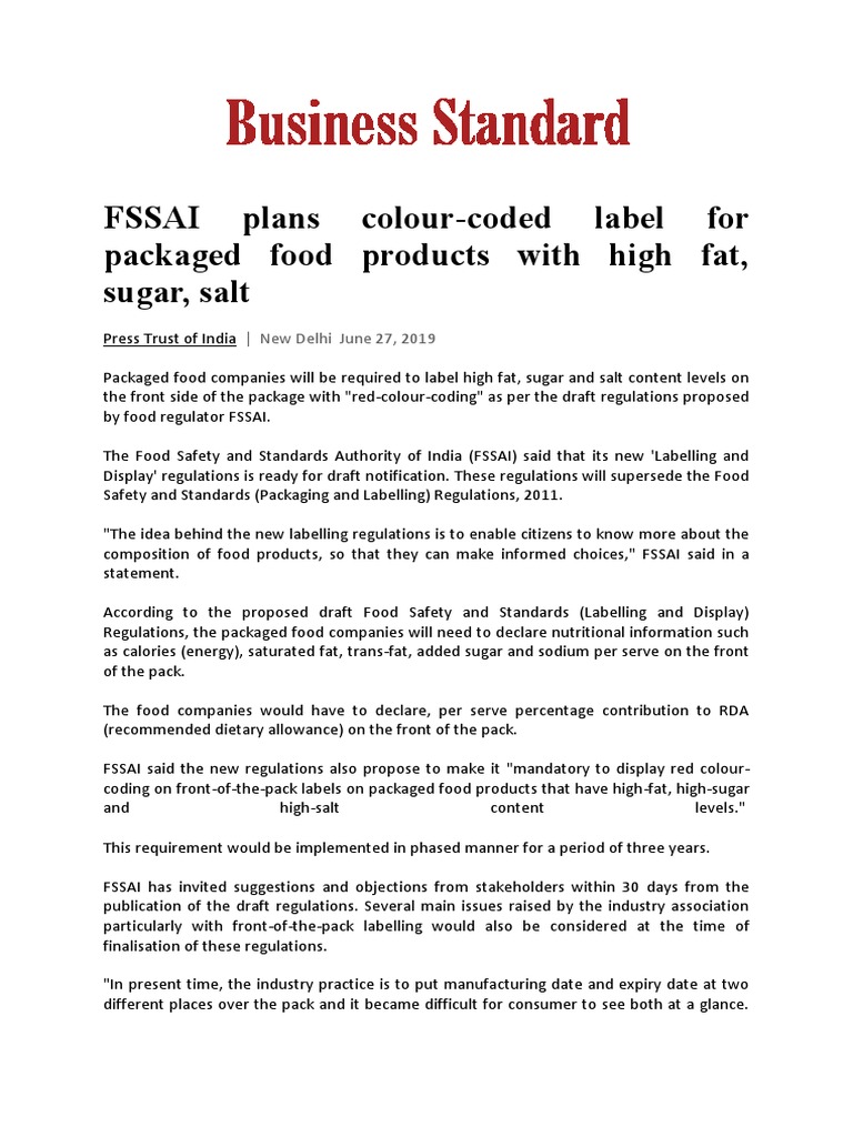 FSSAI Proposes Color-Coded Front-of-Package Labels to Identify High Fat ...