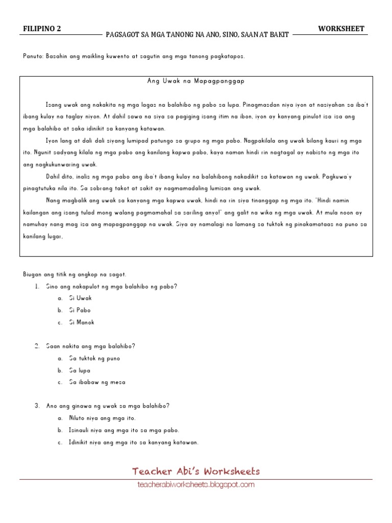 Pagbasa 2 - Pagsagot Sa Ano Sino Saan Bakit - 1 PDF | PDF