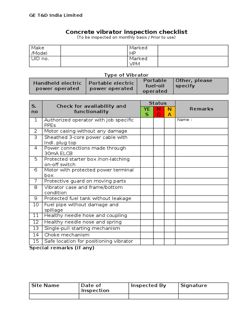 Concrete Vibrator Inspection Checklist | PDF