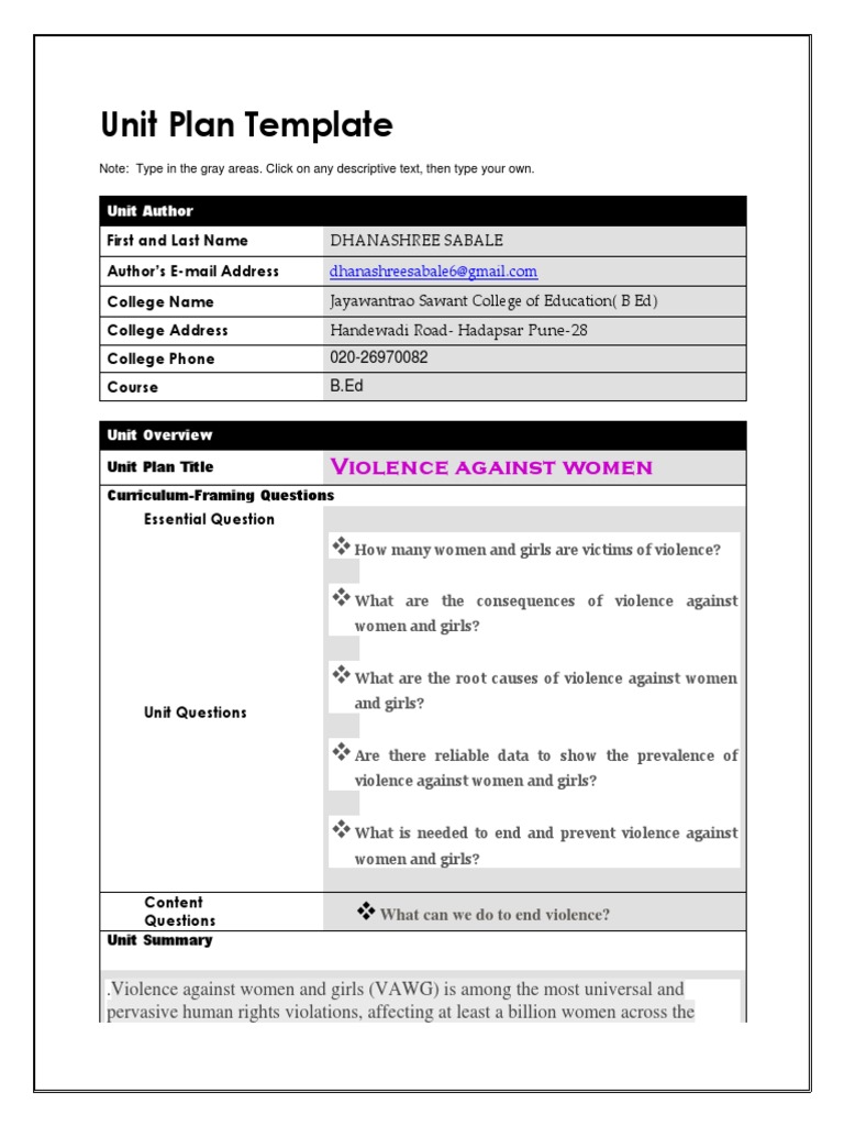 Unit Plan Template | PDF | Violence | Violence Against Women