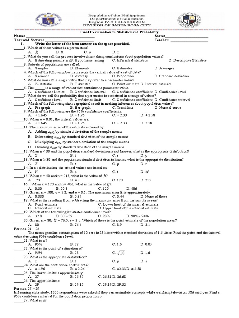 Stat Exam | PDF | Confidence Interval | Standard Deviation