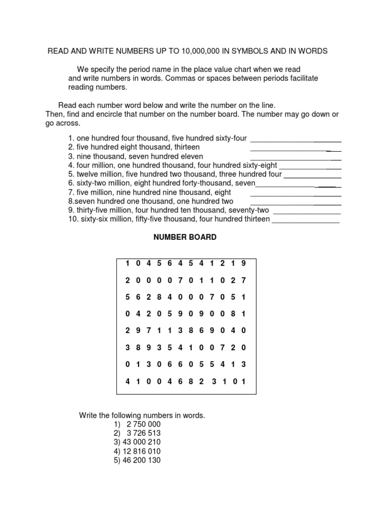 Reading and Writing Numbers to 10 Million | PDF | Notation | Encodings