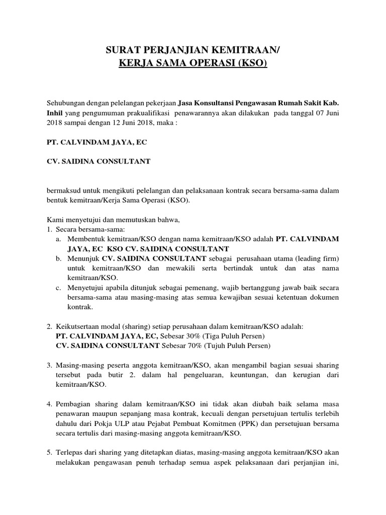 SURAT PERJANJIAN Kso 2018 | PDF | Bisnis | Pengelolaan Keuangan & Uang