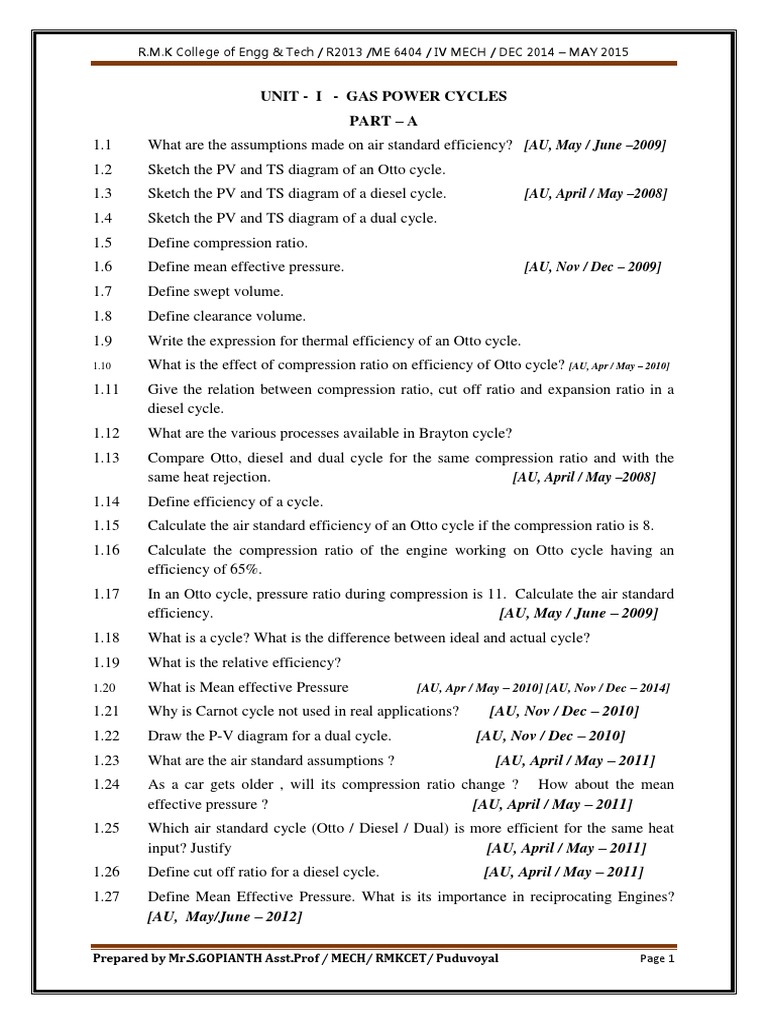 ME 6404 Thermal Engineering UNIT I Question Bank | PDF | Diesel Engine | Temperature