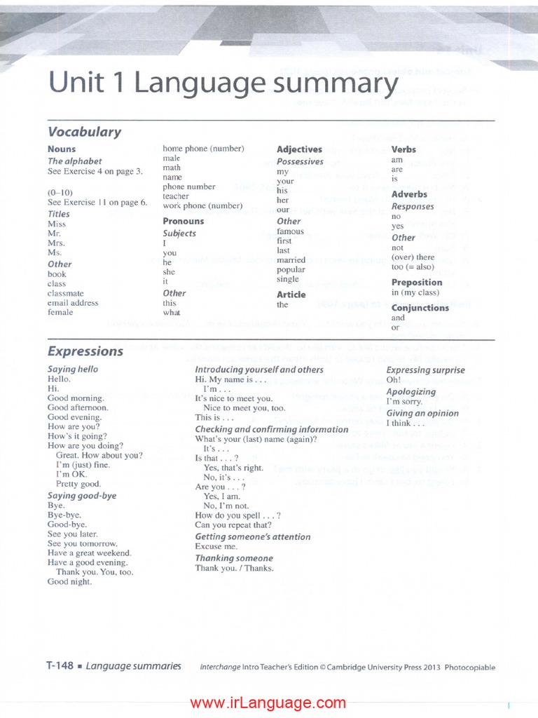 Interchange Intro 4th Edition Language Summary PDF | PDF