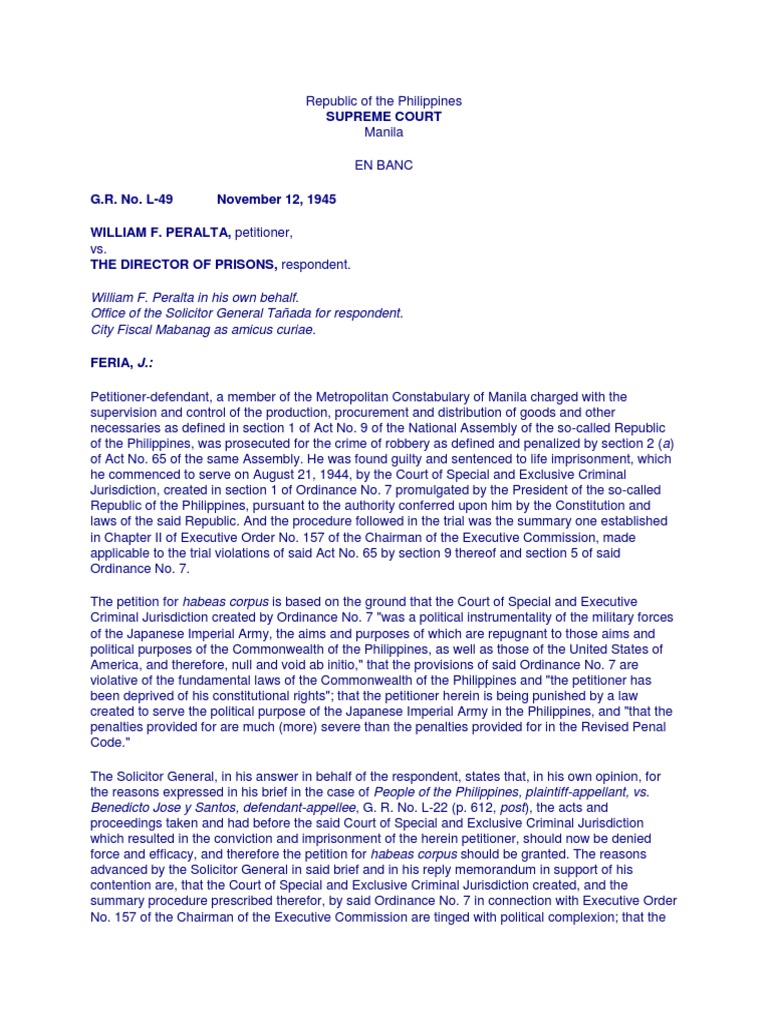 B18 Peralta V Director of Prisons, 75 Phil 285 | PDF | Crime & Violence | Crime Thriller