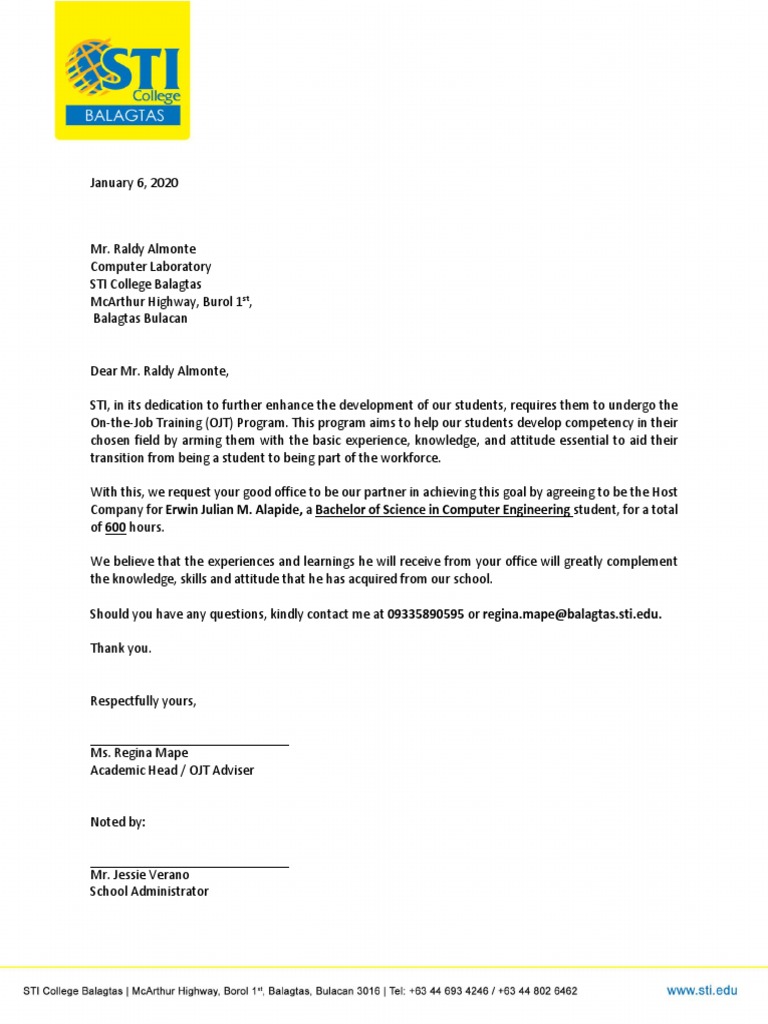 OJT Endorsement for Erwin Alapide | PDF