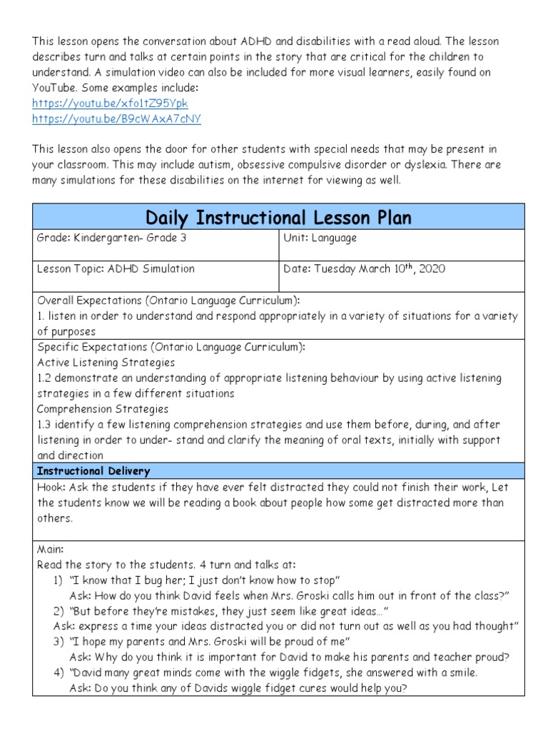 Adhd Lesson Plan | PDF | Reading Comprehension | Applied Psychology