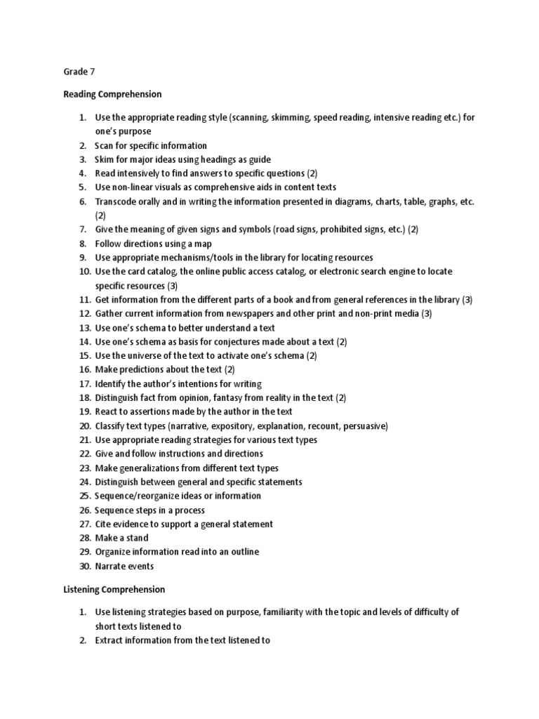 Grade 7 Reading Skills Guide | PDF | Reading Comprehension | Narrative
