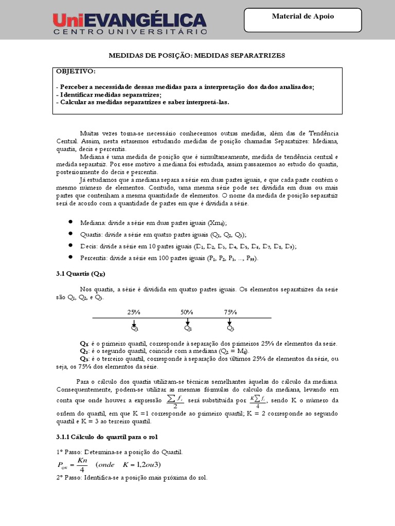 Medidas separatrizes: mediana, quartis, decis e percentis | PDF ...