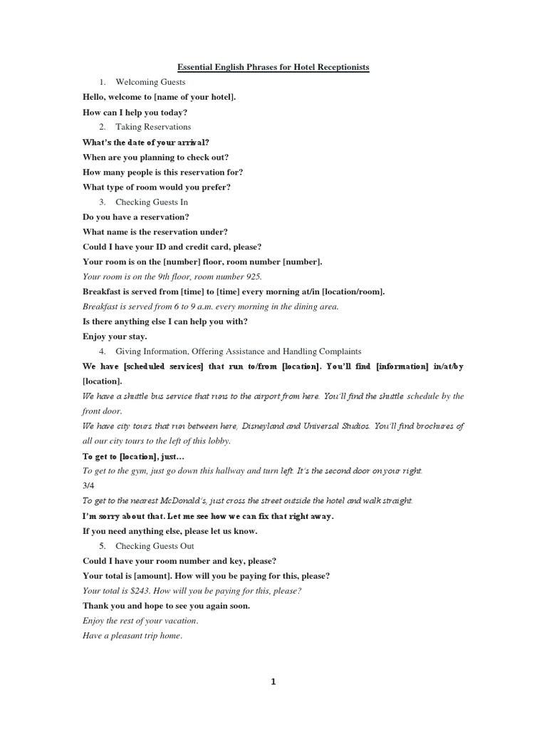 20 Essential English Phrases For Hotel Receptionists | PDF | Bathroom ...