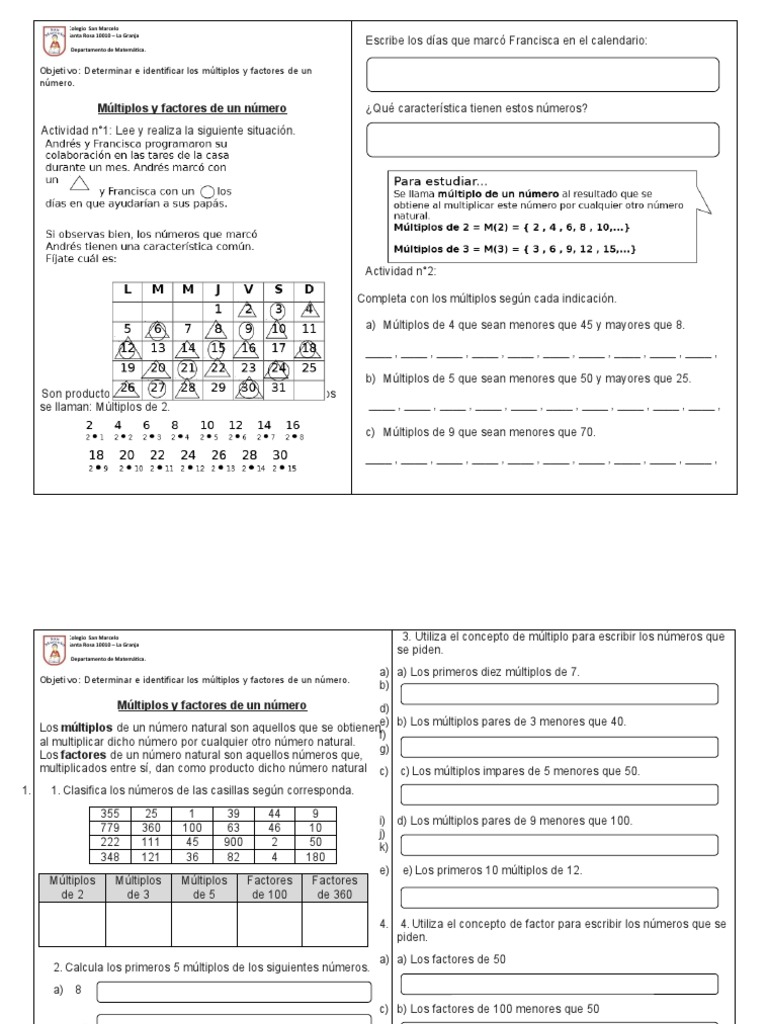 Guía Multiplos y Factores 6to Básico | PDF | Multiplicación | Enseñanza ...