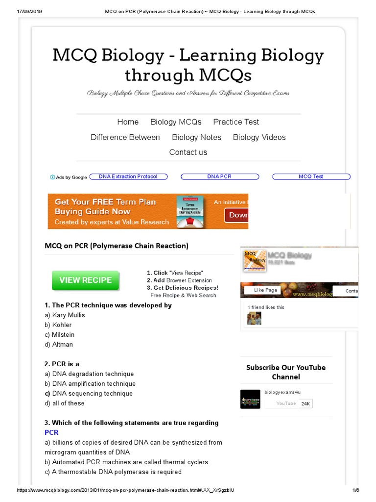 MCQ On PCR (Polymerase Chain Reaction) - MCQ Biology - Learning Biology ...