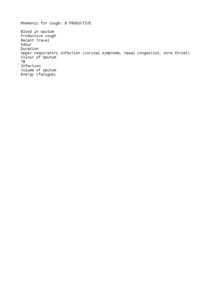 Cough Mnemonic: B PRODUCTIVE | PDF