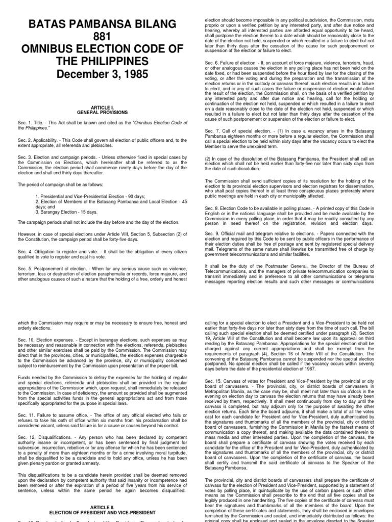 Batas Pambansa Bilang 881 | PDF | Elections | Accountability