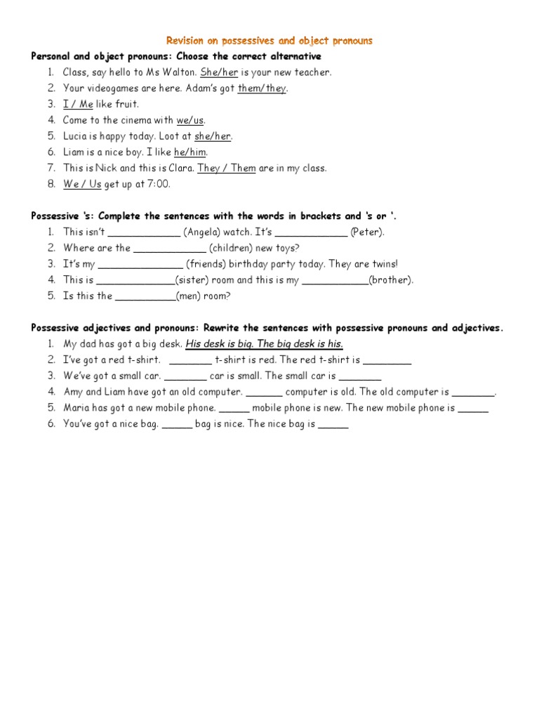 Revision On Possessives and Object Pronouns | PDF | Home & Garden ...