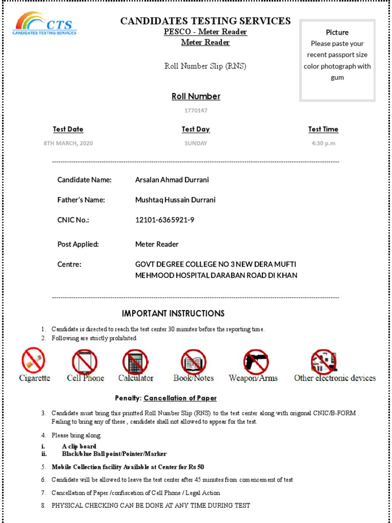 Roll Number Slip | PDF