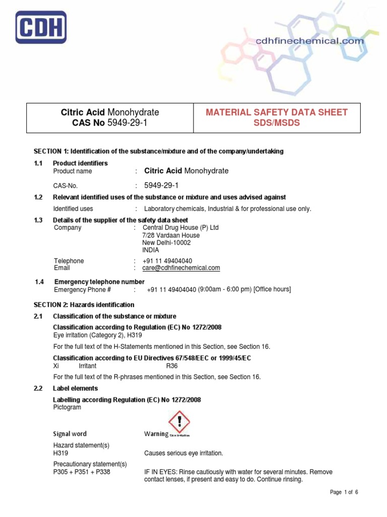 Citric Acid Monohydrate | PDF | Dangerous Goods | Personal Protective ...