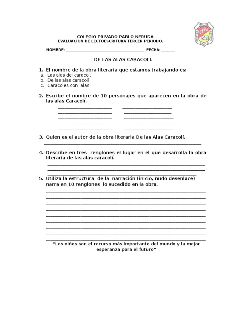 Evaluación Lectoescritura: De las Alas Caracolí | PDF