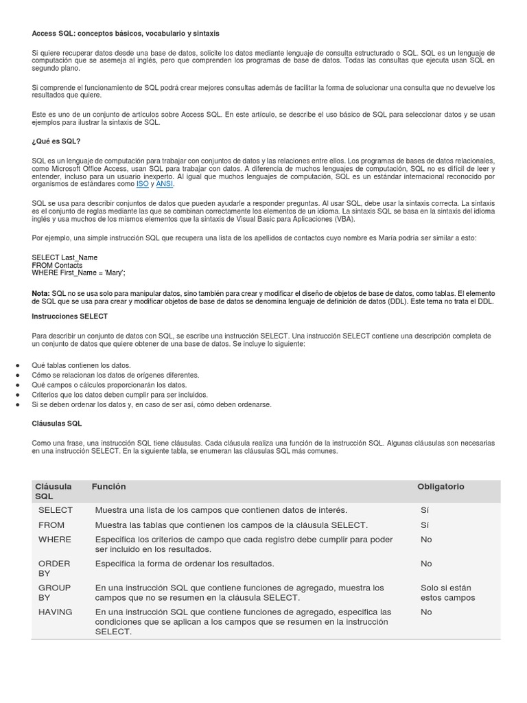 Access SQL | PDF | SQL | Lenguaje de programación
