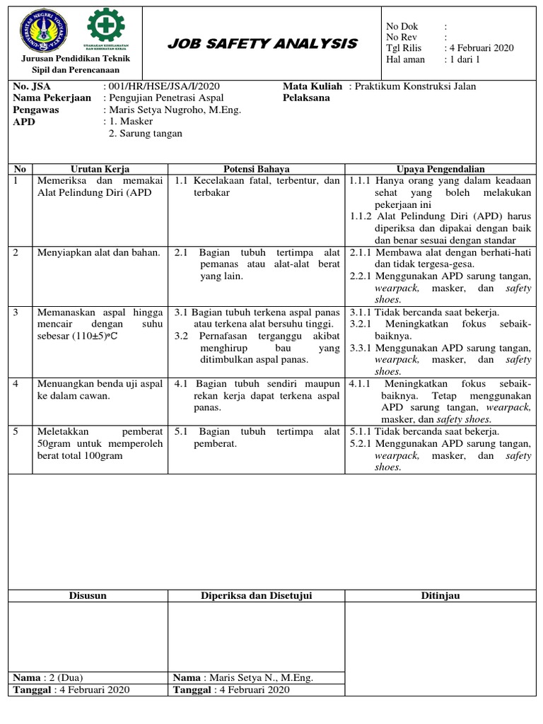 Contoh Job Safety Analysis Konstruksi | PDF