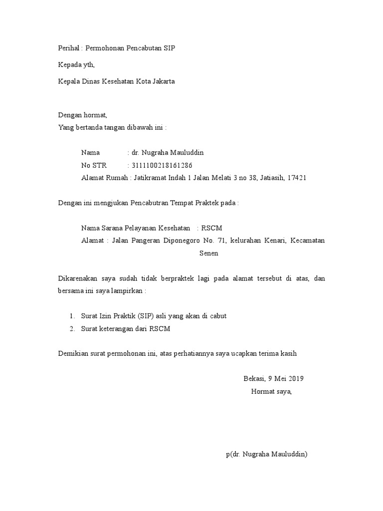 Permohonan Pencabutan SIP Surat Ijin Praktek | PDF
