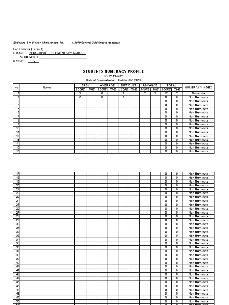 NUMERACY TEST TEMPLATEv1.2 1 | PDF | Learning | Behavior Modification