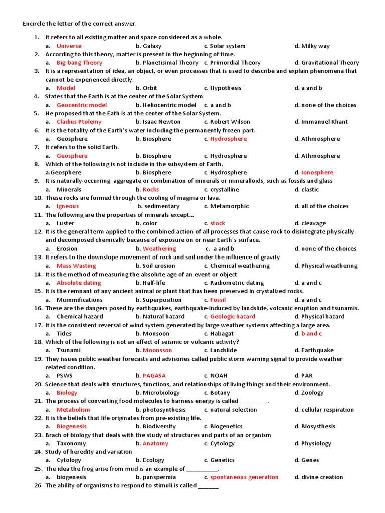 Earth and Life Science Pre-Test | PDF | Tissue (Biology) | Skeleton