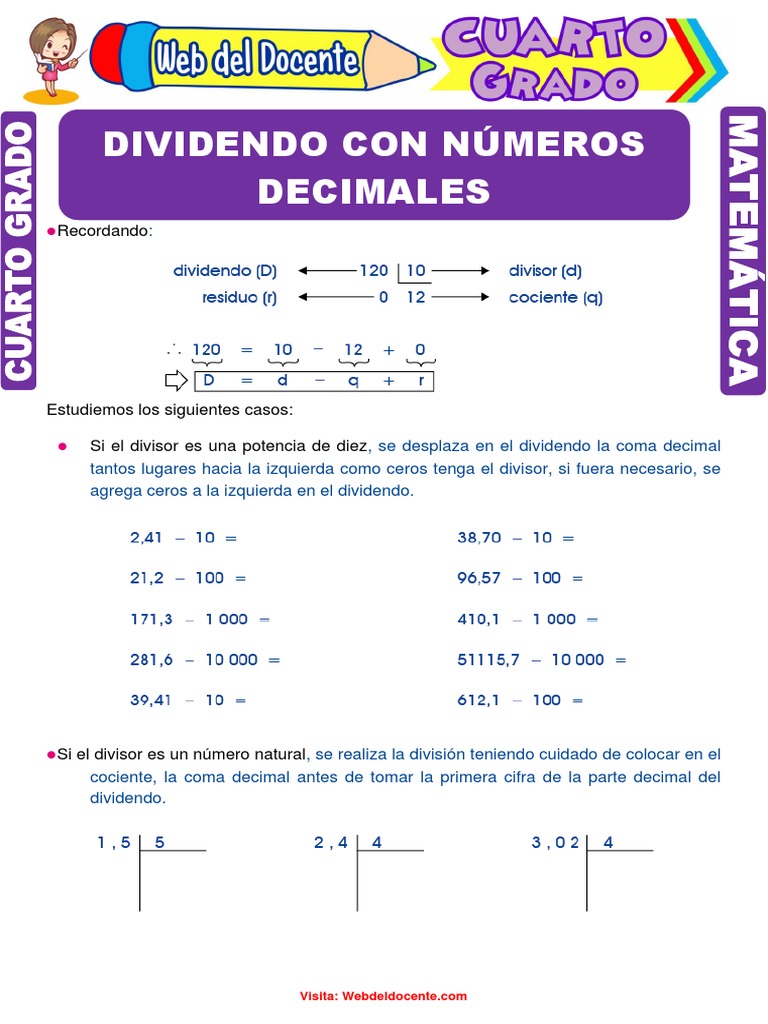División Con Números Decimales para Cuarto Grado de Primaria | PDF ...