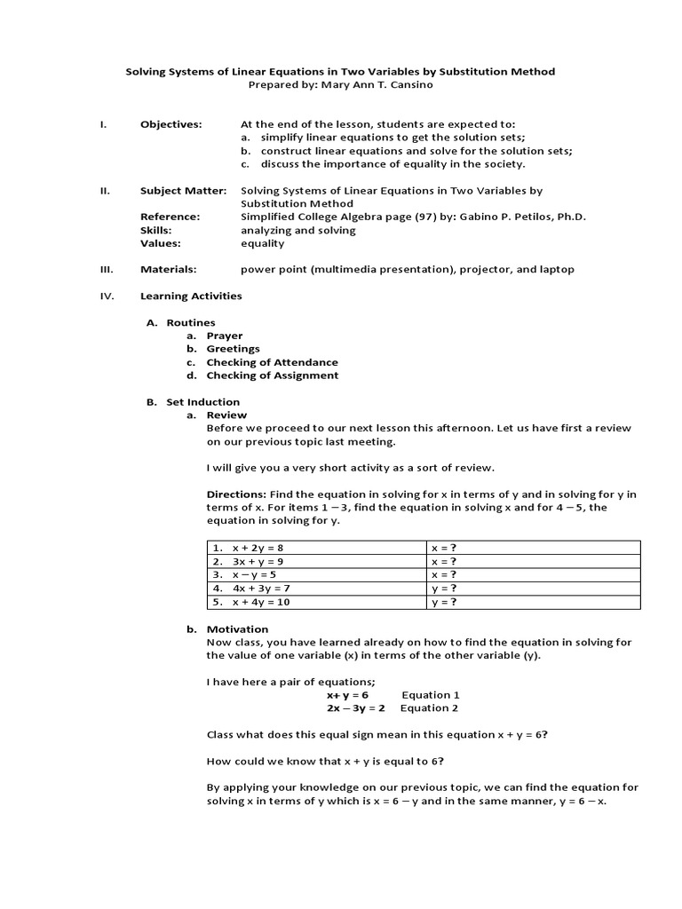 Algebra Substitution for Students | PDF | Equations | System Of Linear ...
