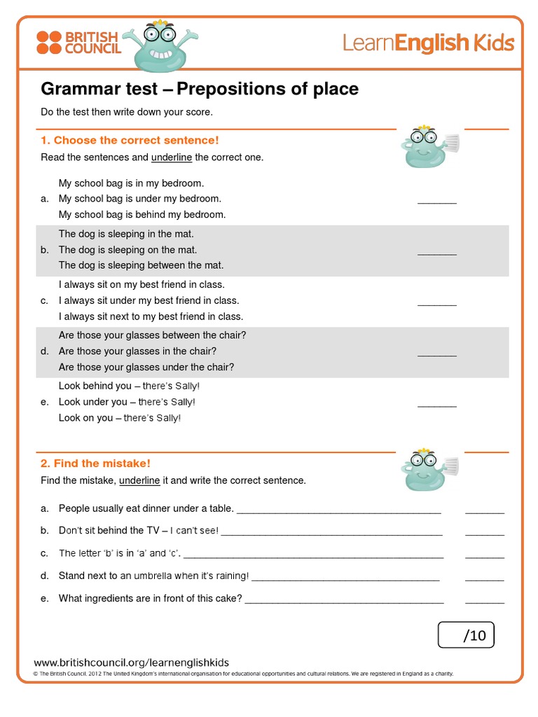 Grammar Practice Prepositions of Place | PDF