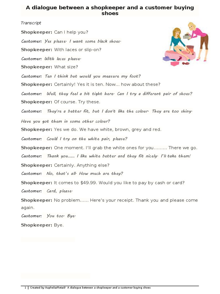Shopkeeper-Customer Shoe Dialogue | PDF | Linguistics | Business
