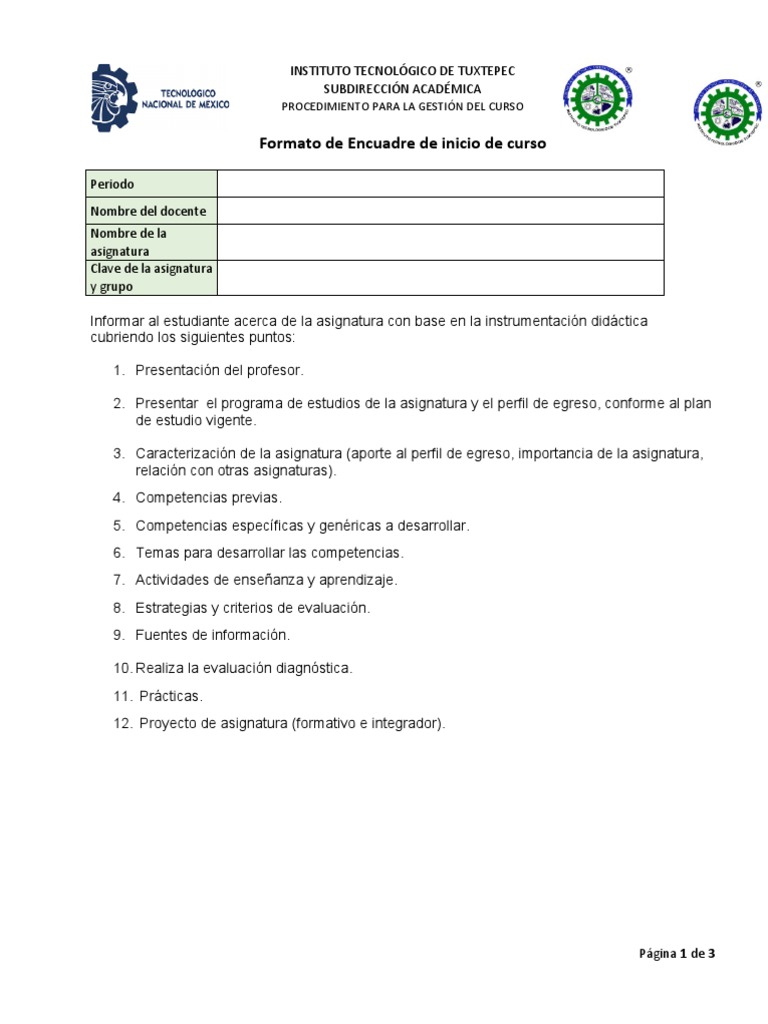 Formato de Encuadre (Inicio de Curso) | PDF