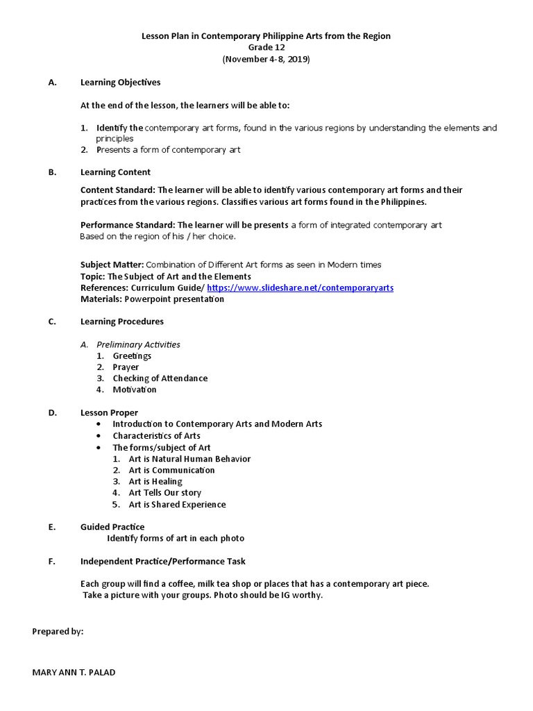 Contemporary Arts Weekly Log | PDF | Lesson Plan | Contemporary Art